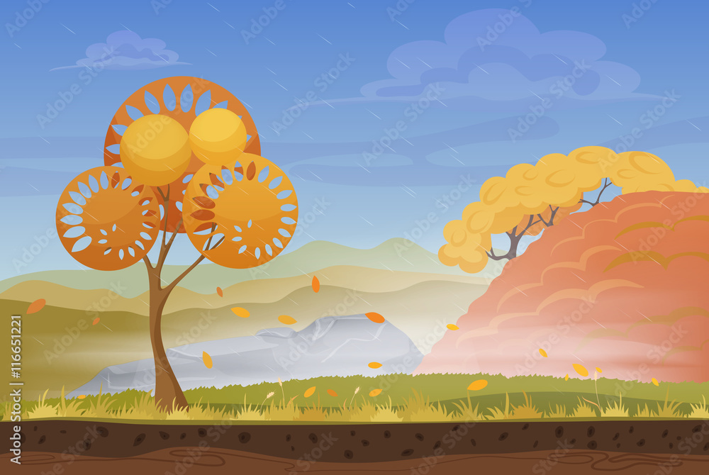 Cartoon nature autumn landscape in storm rainy wind cold day with grass ...