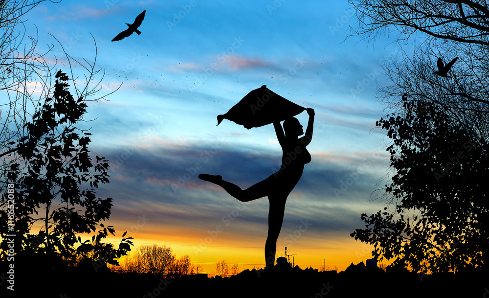 Young girl silhouette with shawl dancing on blue and golden cloudy ...