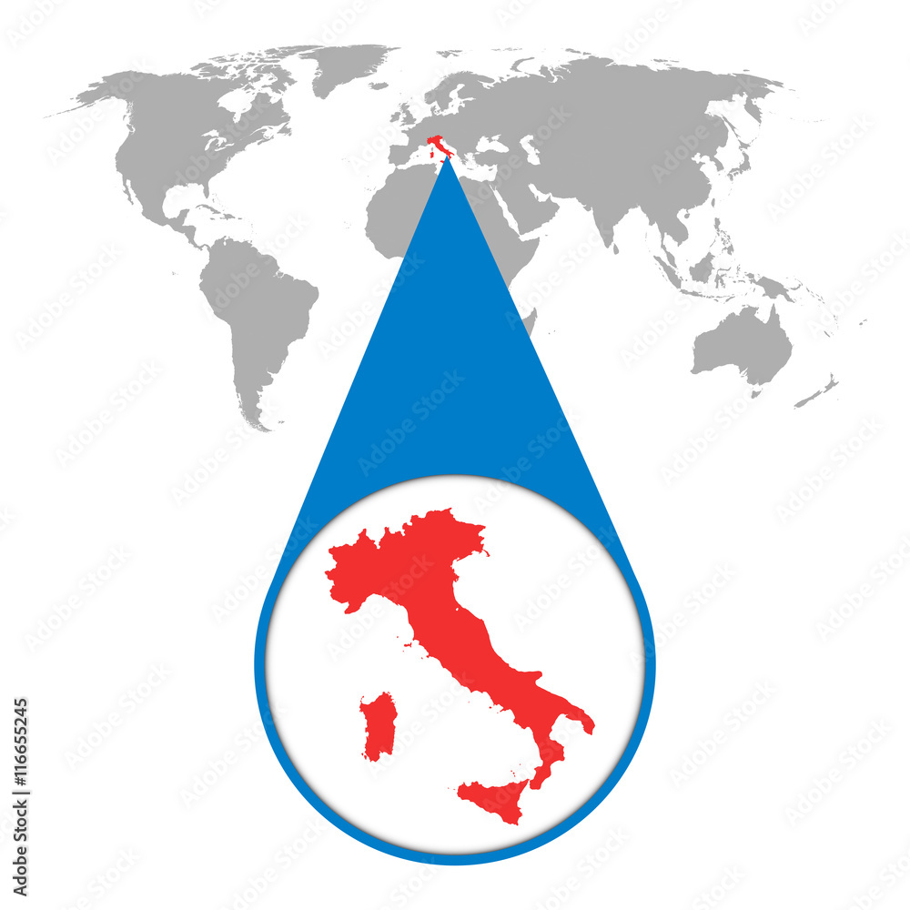 World map with zoom on Italy. Map in loupe. Vector illustration in flat ...