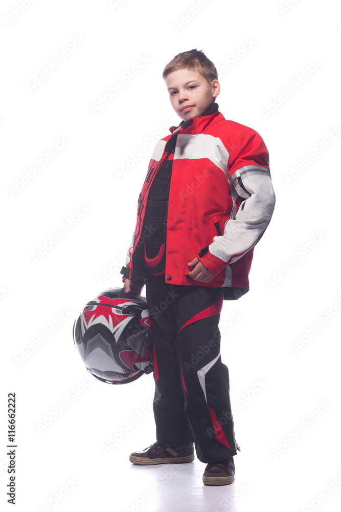 Race car or bike driver. The boy in the costume of the racer isolated ...