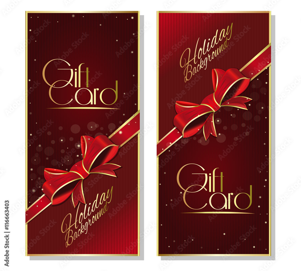 Gift card. Holiday Background with red ribbon and bow. Vector ...