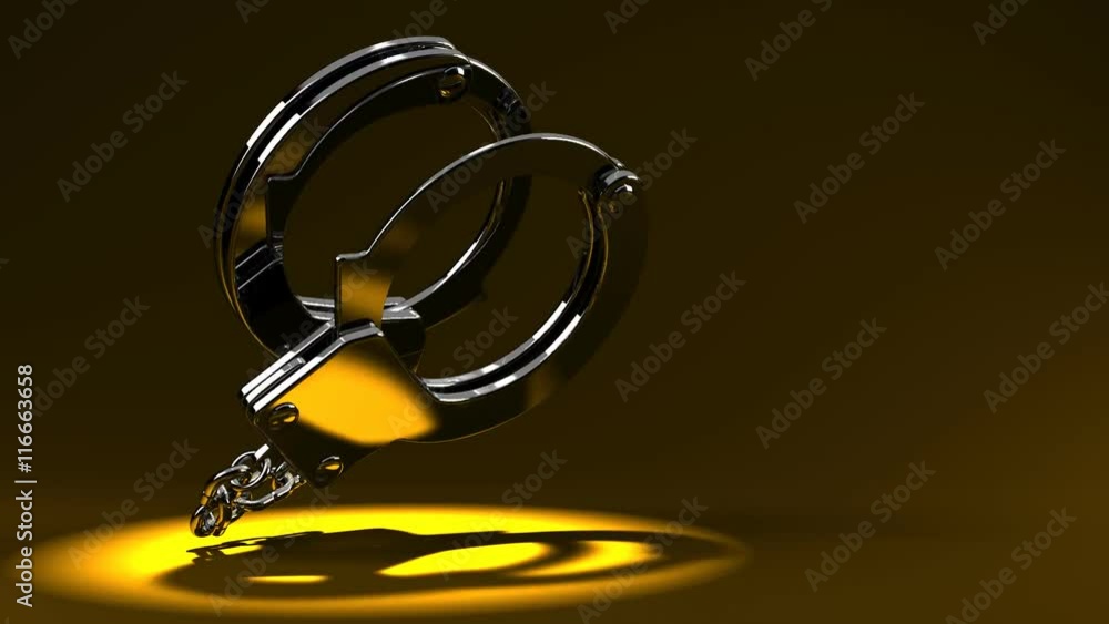 Handcuffs On Yellow Text Space. Loop able 3DCG render Abstract ...
