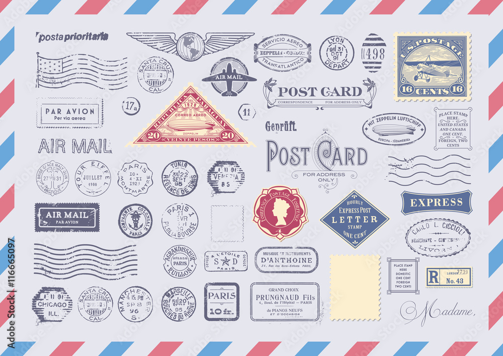 collection of mail themed design elements -grungy textured postage and ...