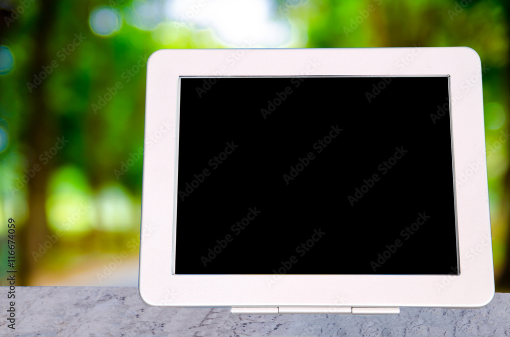 tablet responsive display devices on table. Isolated black screen for ...