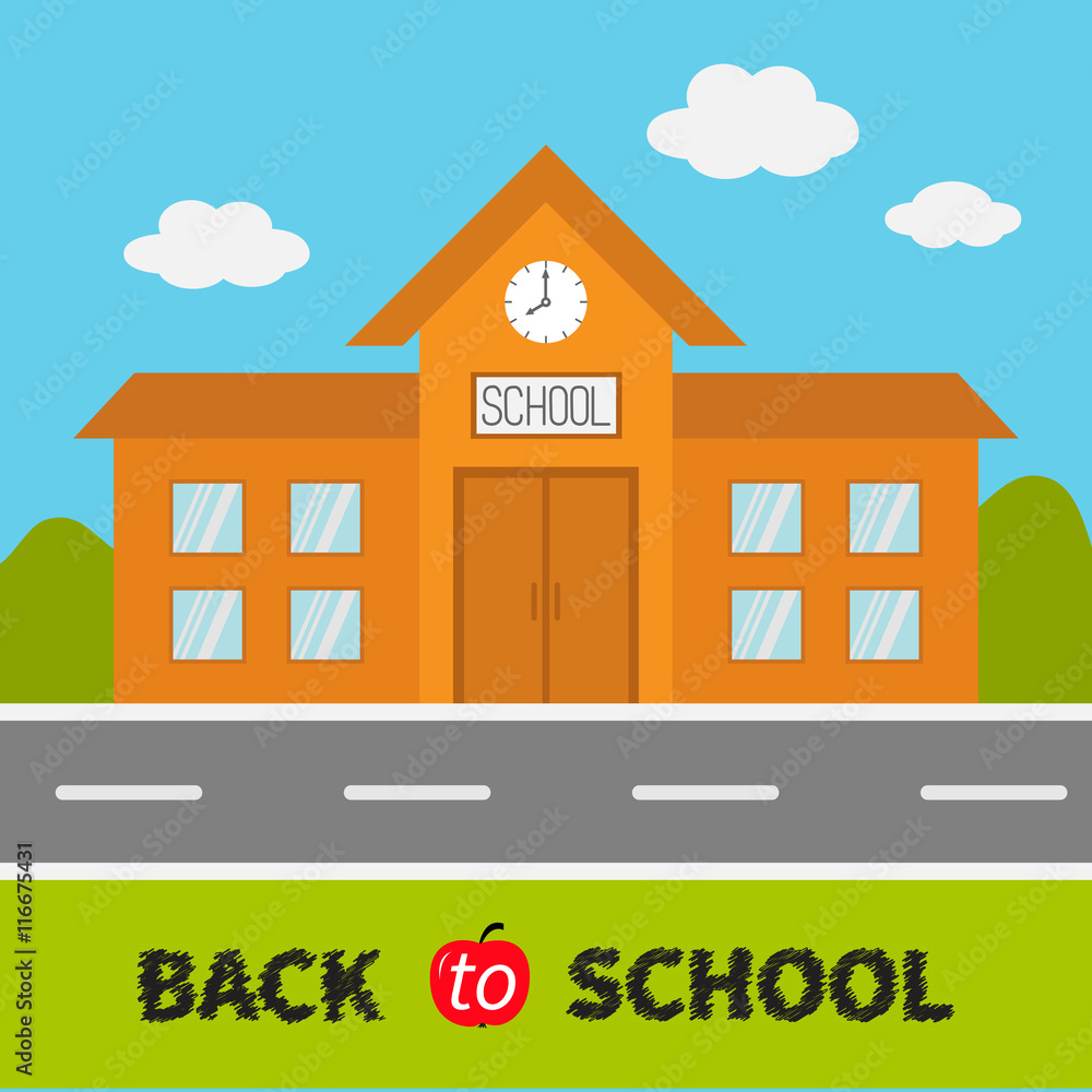 School building with clock and windows. City construction. Road, sky ...