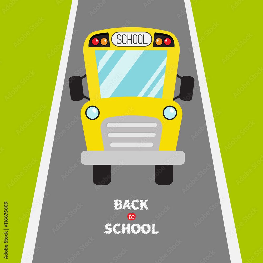 Back to school. Yellow school bus kids. Green grass and road. Cartoon ...