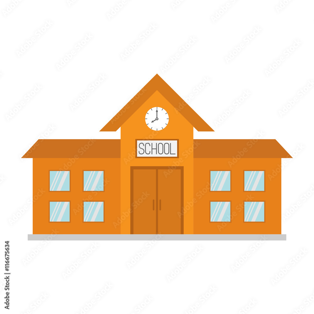 School building with clock and windows. City construction. Cartoon ...