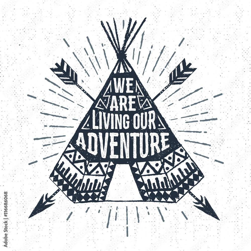 Hand drawn tribal label with textured teepee vector illustration and ...