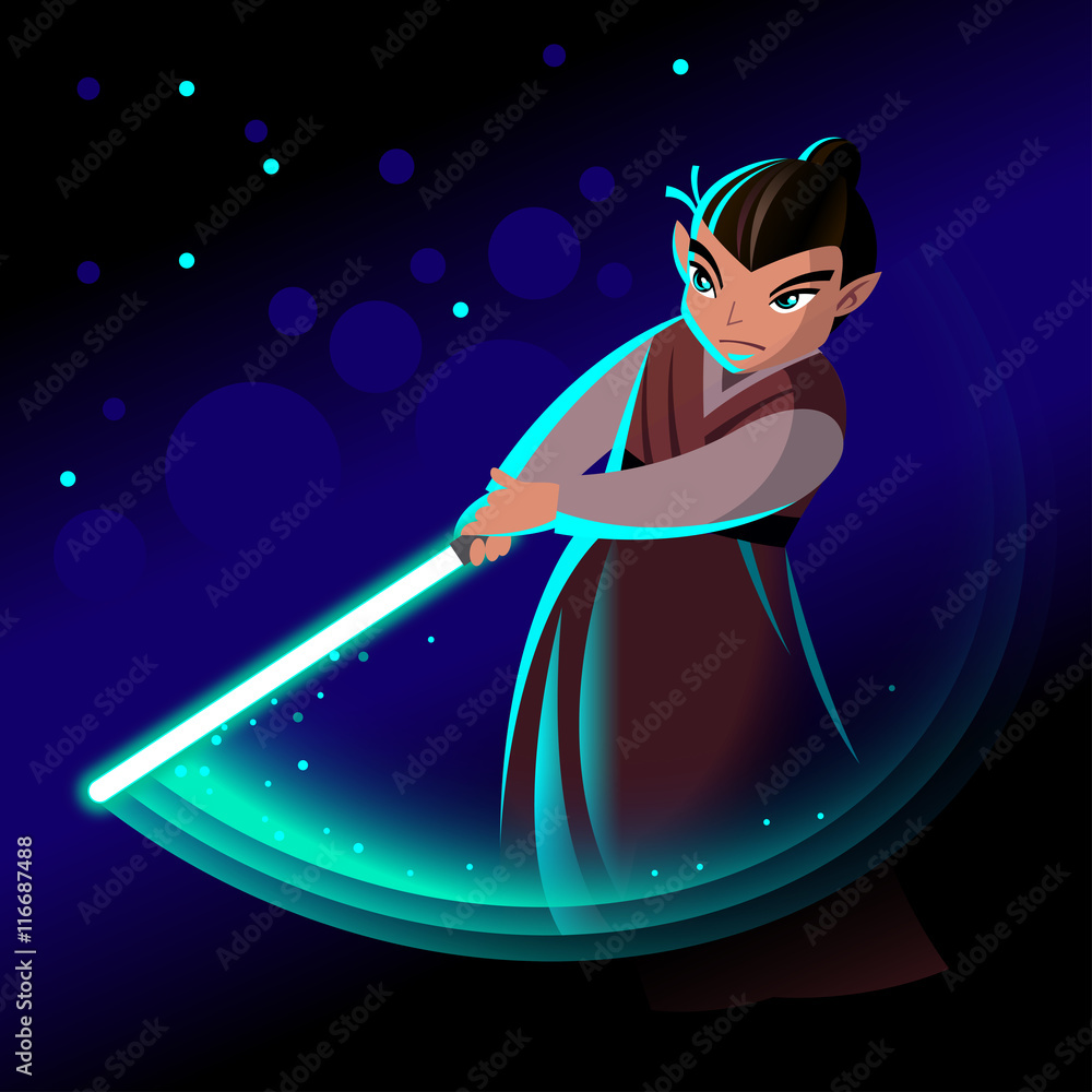 Cartoon fantastic hero with a blue light sword Stock Vector | Adobe Stock