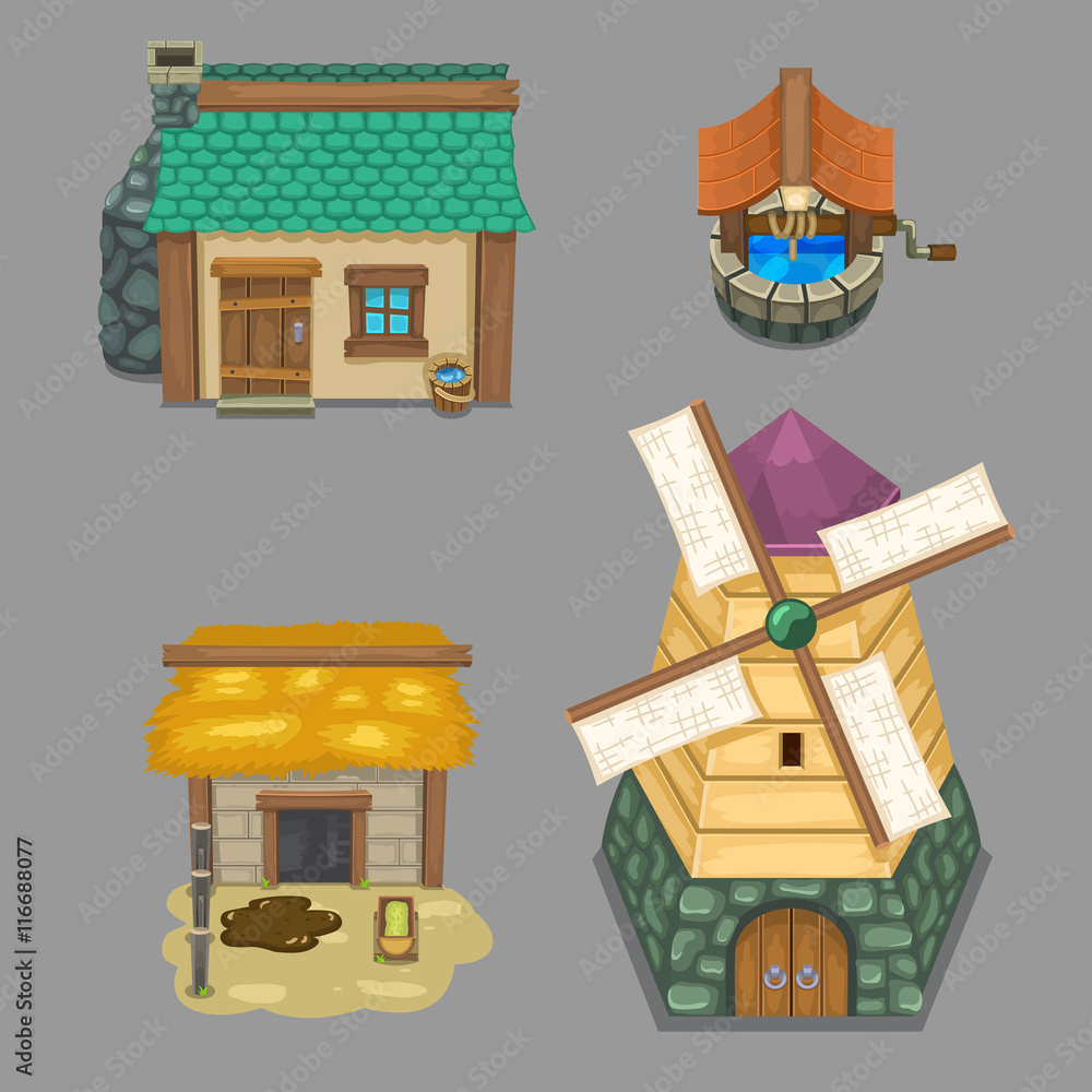 set of rural buildings Create your own cartoon farm. game assets Stock ...