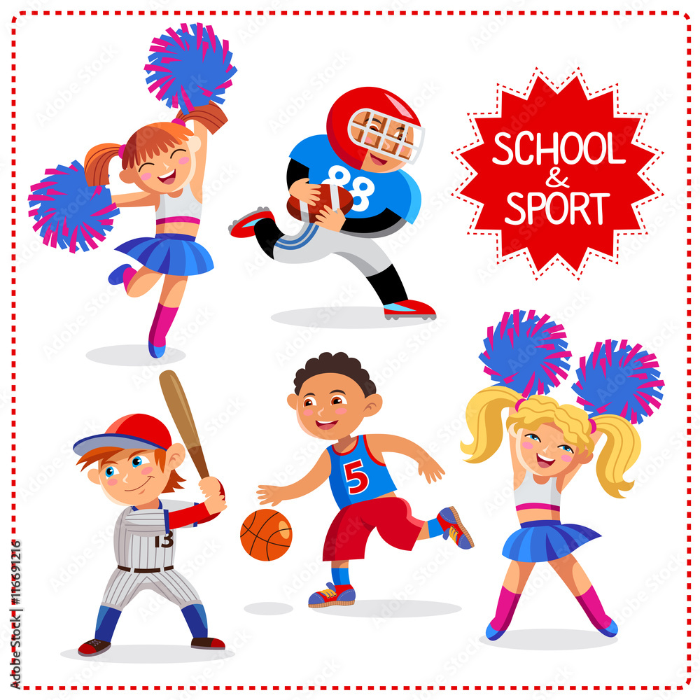School time. Happy boys and girls. Sport for kids including basketball ...