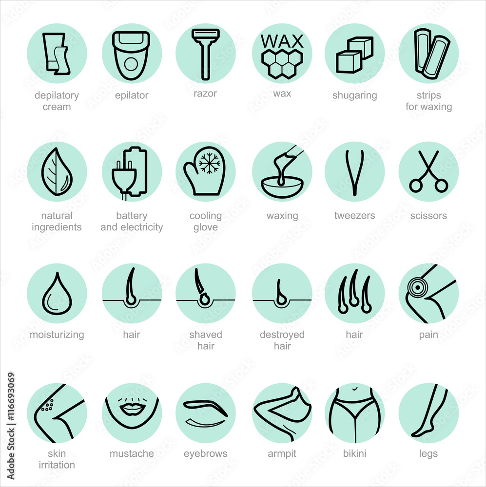 Thin lines web icon set - Depilation and epilation. Sugaring, waxing, hair removing. Allergy ...