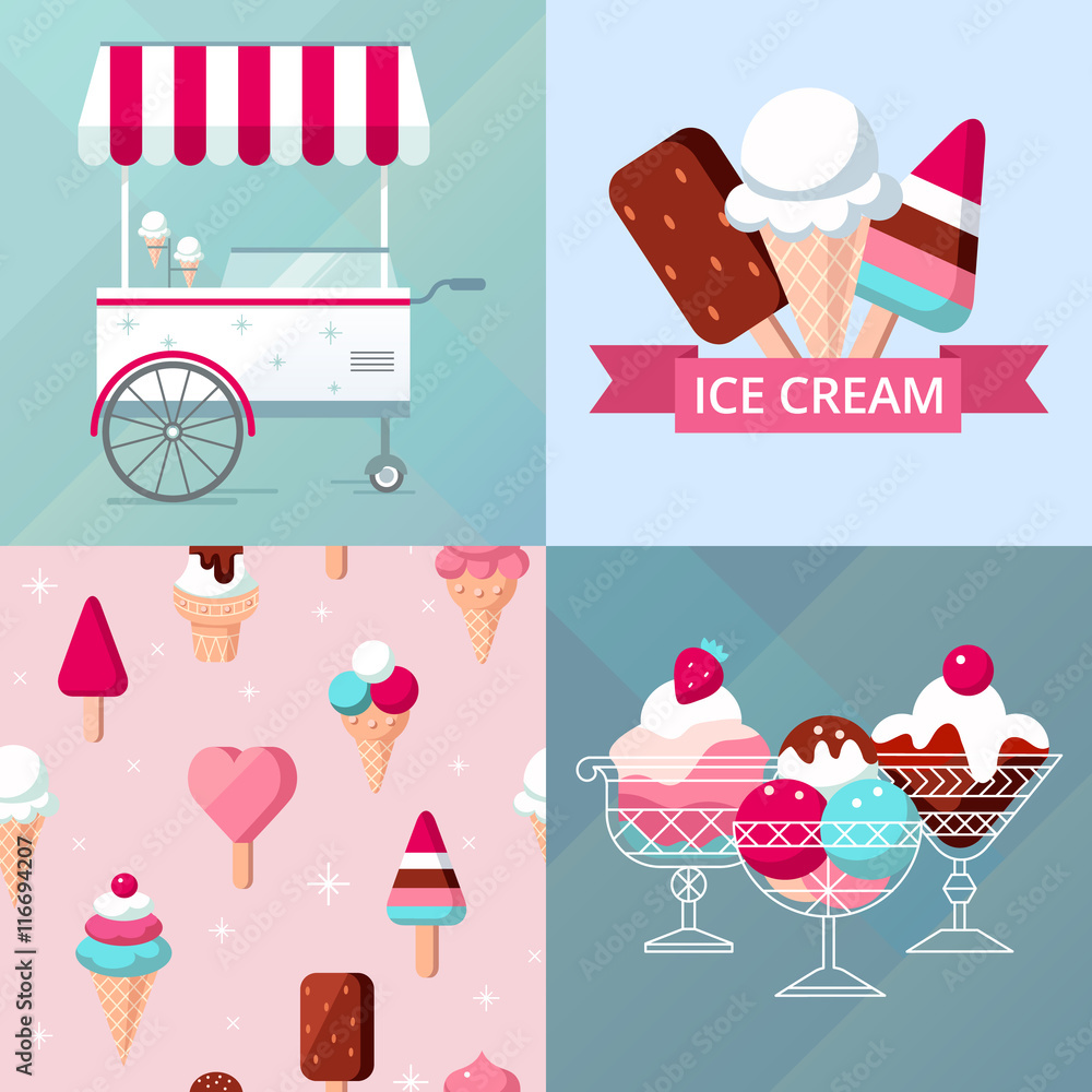 Ice cream poster template set with street cart, seamless background and ...