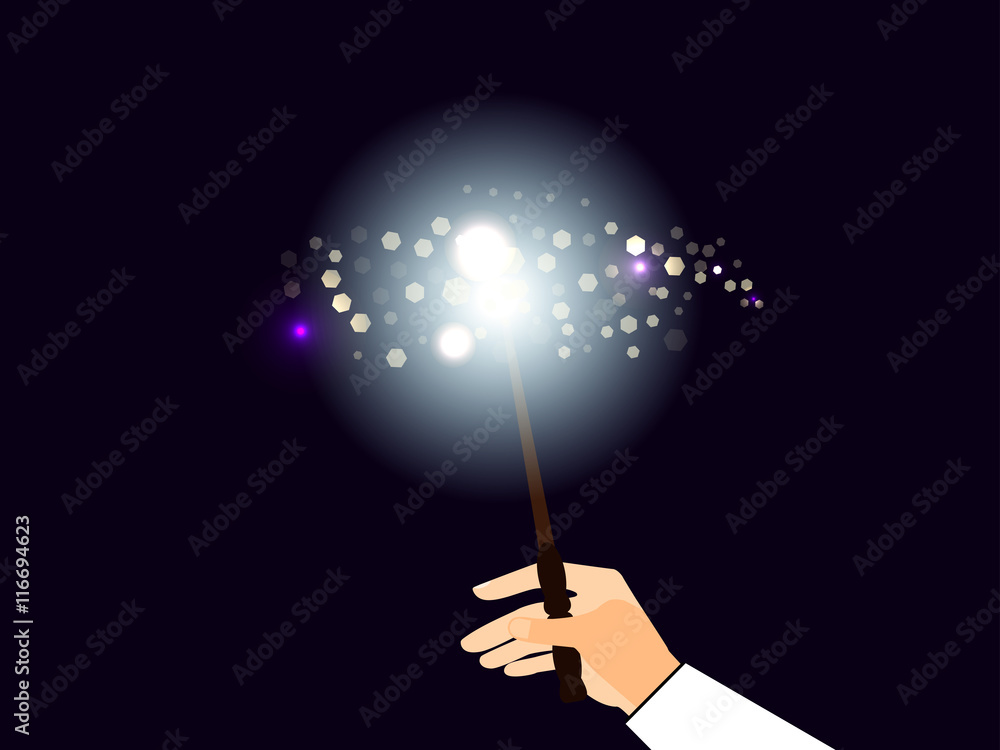 Hand holding a magic wand. Magic bright light with sparks. Vector ...