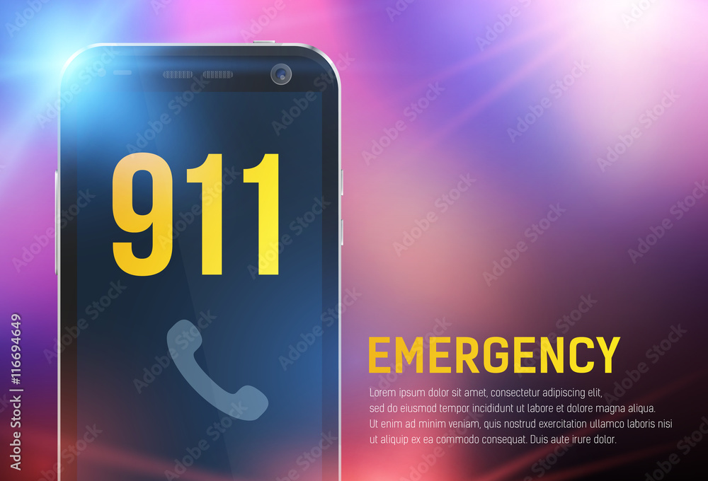 Emergency vector illustration, smartphone with emergency lights calling ...