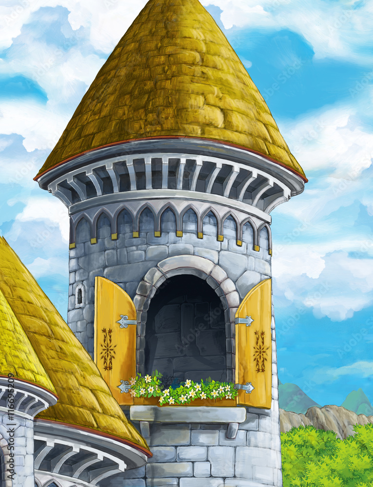 Cartoon scene with castle tower - opened window - nobody - illustration ...