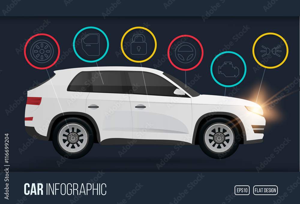 Car infographics design template with charts and elements, bright flat ...