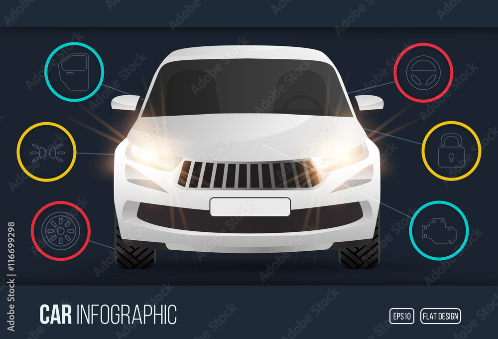 Car infographics design template with charts and elements, bright flat ...