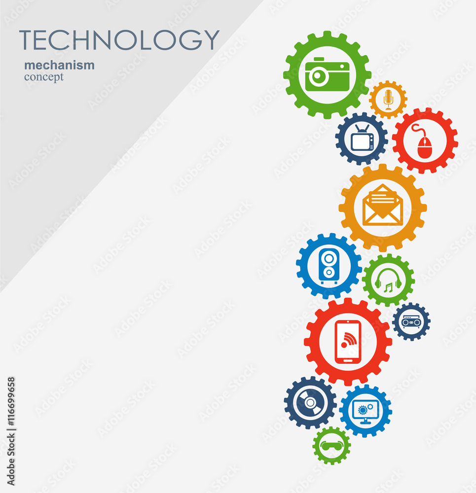 Technology mechanism concept. Abstract background with integrated gears ...