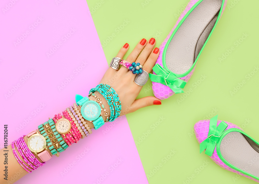 Fashion. Clothes Accessories fashion Set. Female hand Stylish Trendy ...