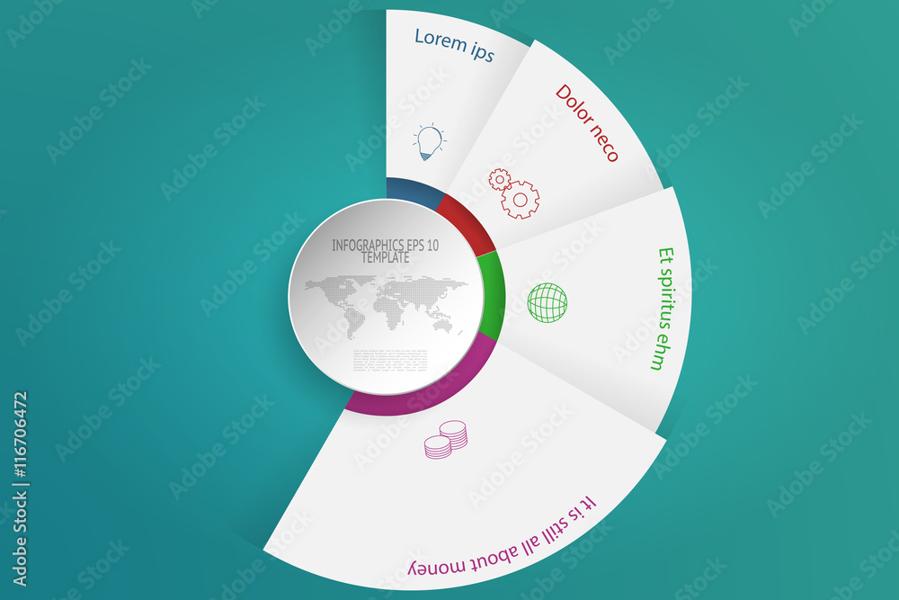 Four steps rounded infographics with 3D objects, outline icons and ...