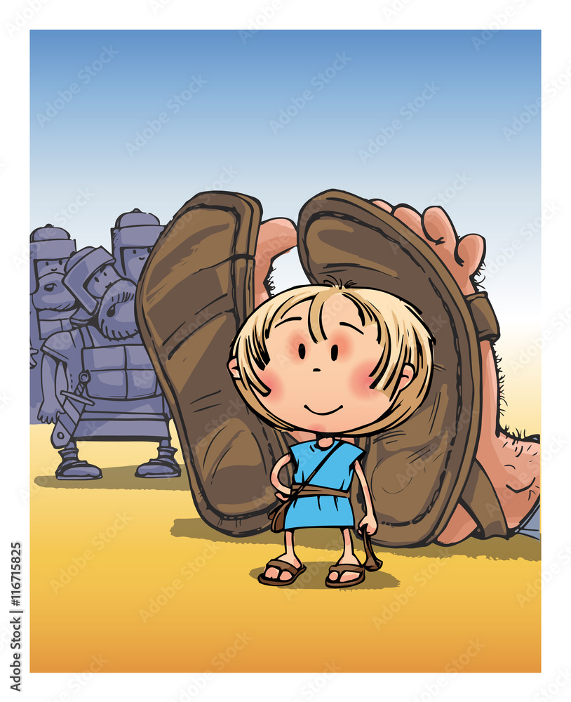David vs. Goliath Biblical story comic drawing funny characters Stock ...