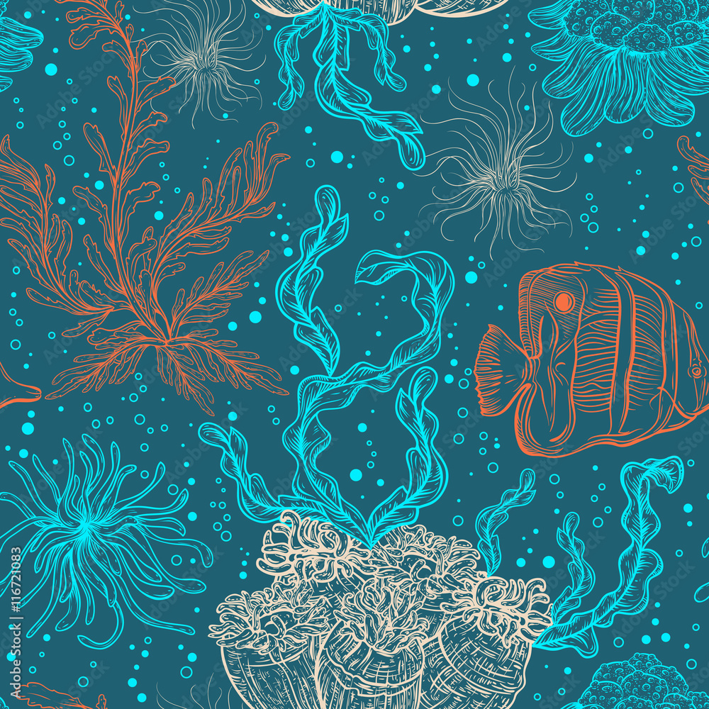 Collection of marine plants, leaves, seaweed and tropical fish ...