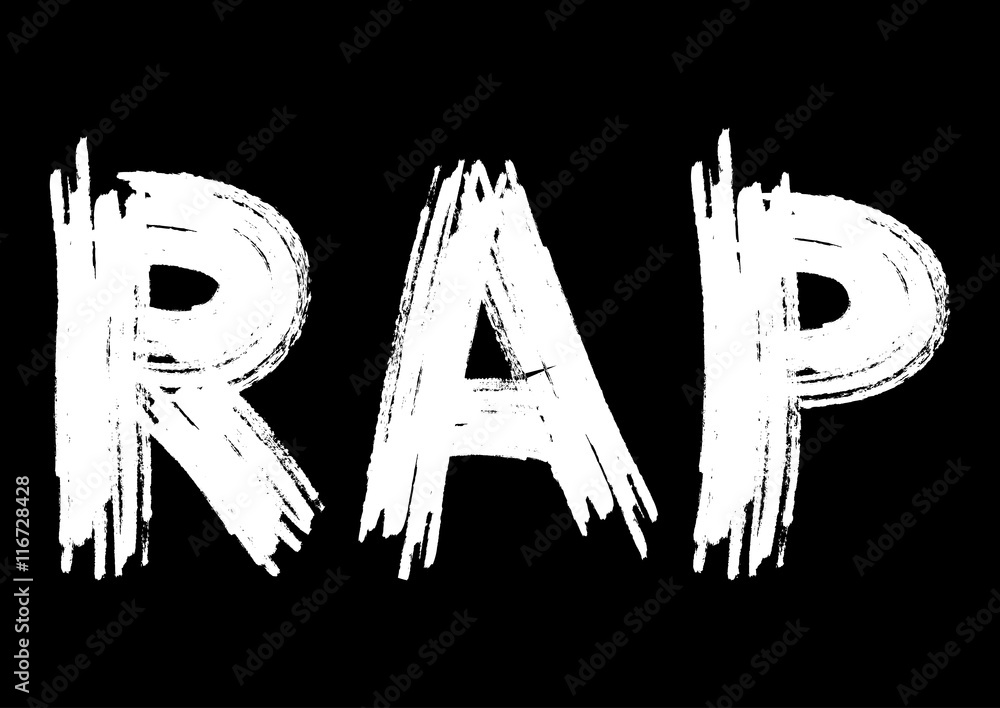 Rap inscription on a black background. Smears white rough brush. Grunge ...