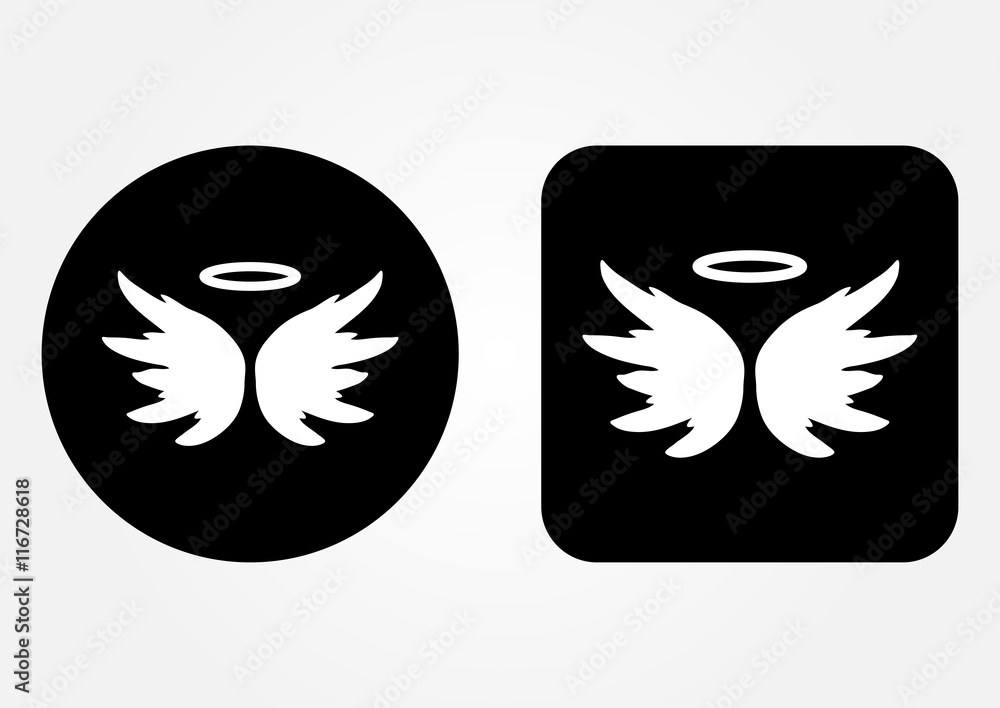 Icon schematic image of an angel. Nimbus, Wings, backdrop. Set of round ...