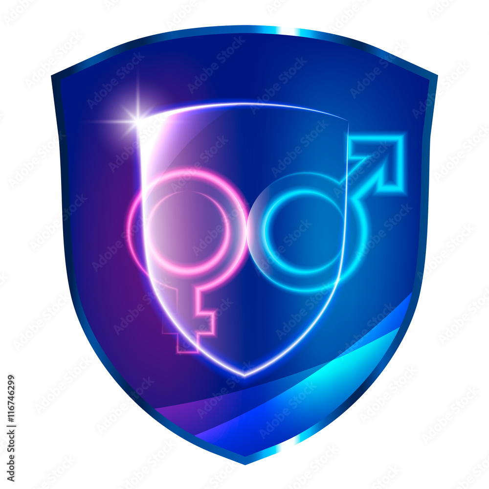 Intimate health protection symbol. Neon male and female signs over the ...