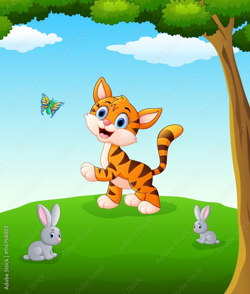 Happy animals cartoon on the field Stock Vector | Adobe Stock