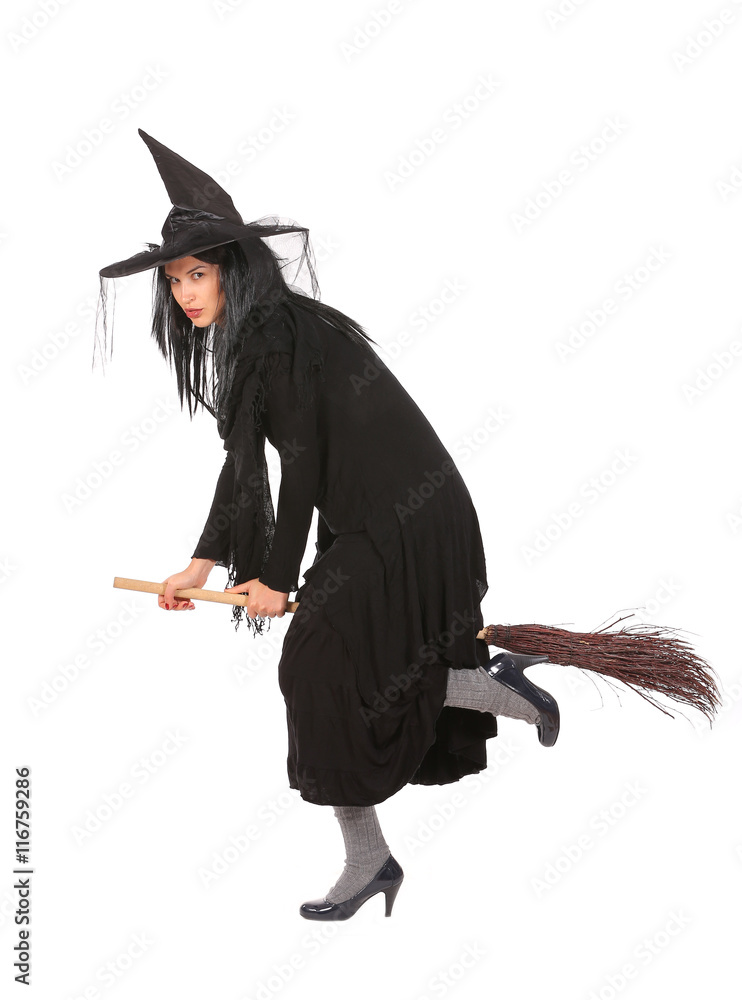 young black dressed witch flying on broom, isolated on white background ...