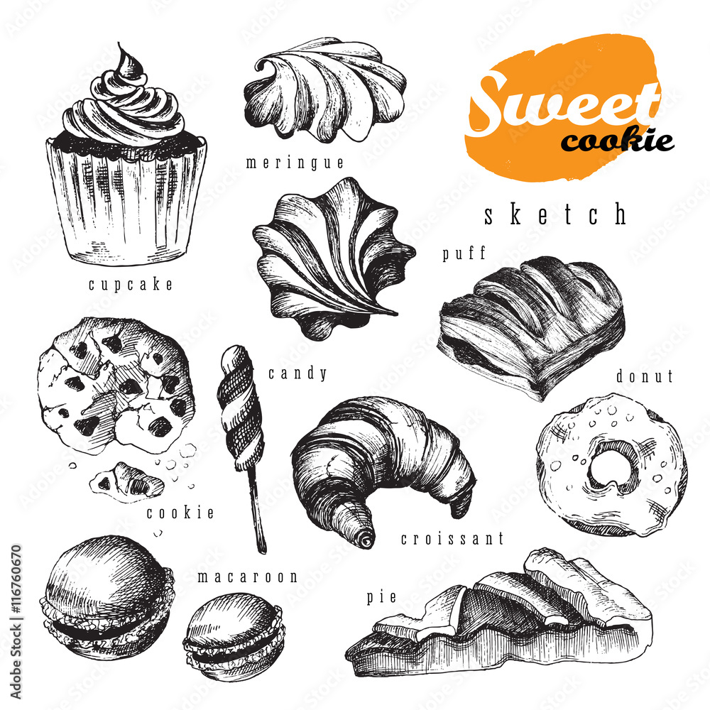 Sweet delicious sketch food design big set for bakery shop. Vector ...