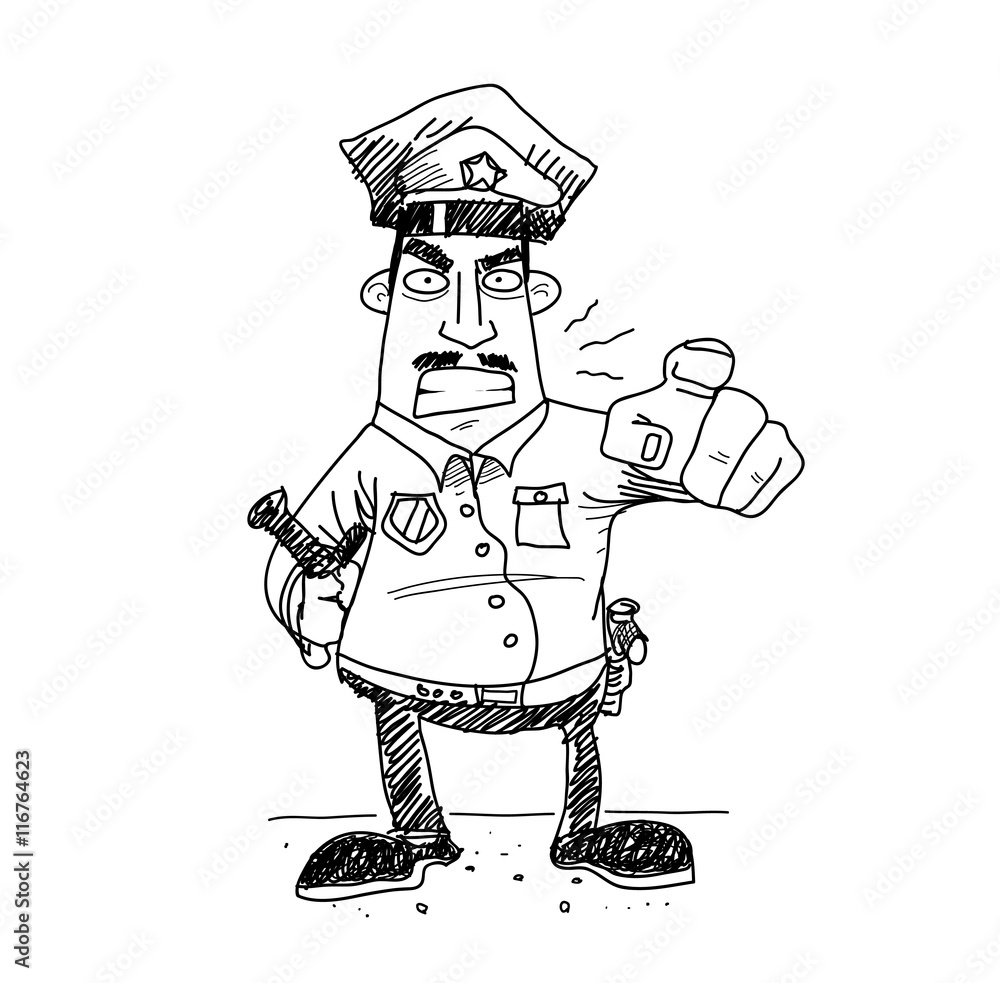 Grumpy Cop Police. A hand drawn vector doodle illustration of an angry ...