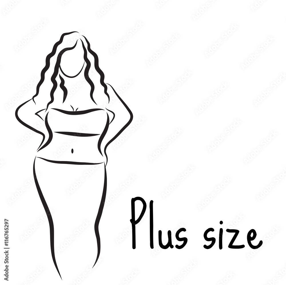 Girl silhouette sketch plus size model. Curvy woman symbol. Vector ...