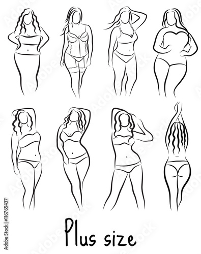 Set Girl Silhouette Sketch Plus Size Model Curvy Woman Symbol Vector