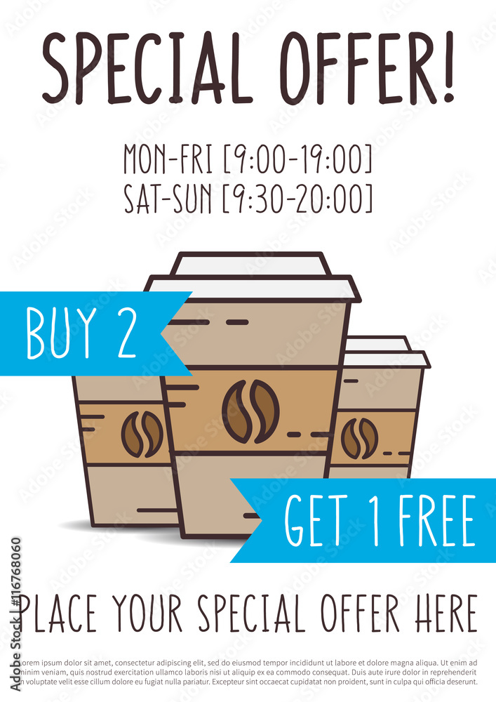Coffee shop vector template. Special offer for cafe (buy 2 get 1 free ...