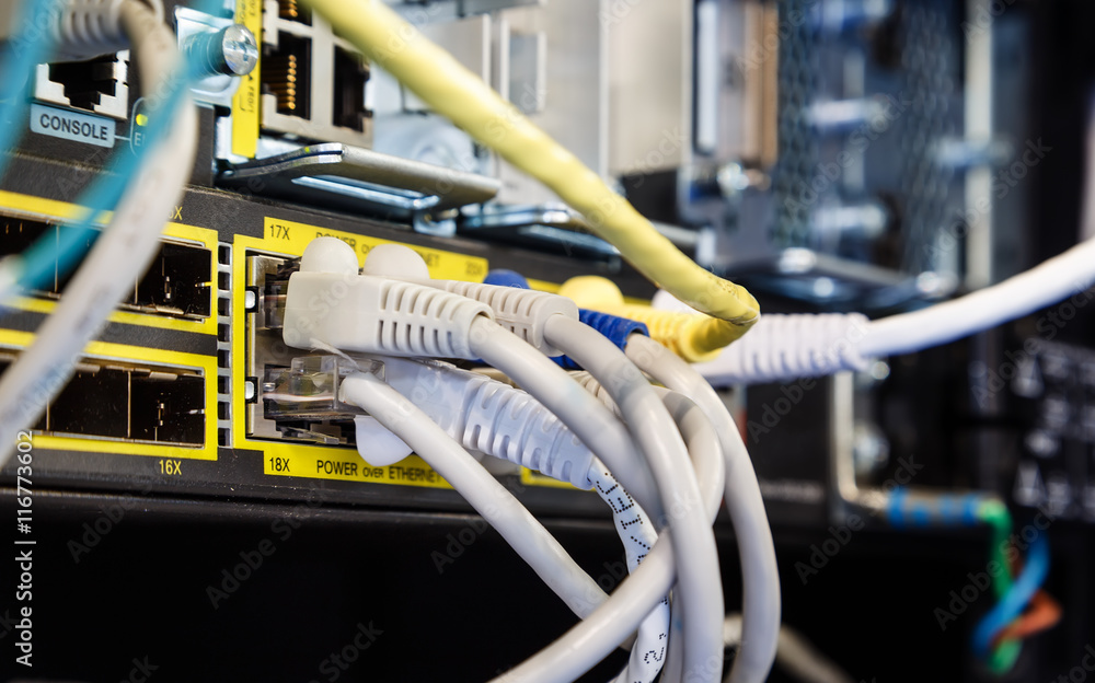 Foto de rack in the data center with working equipment with optical and ...