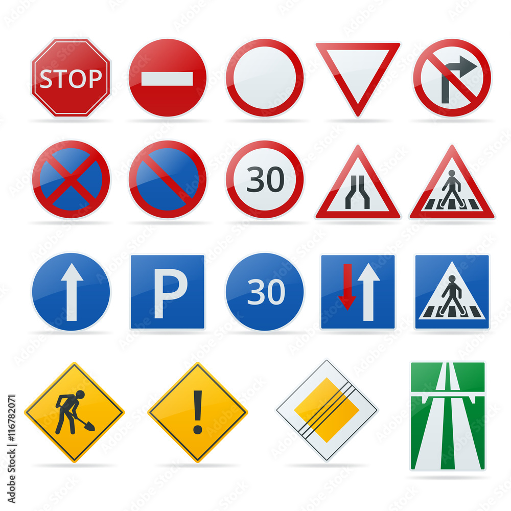 European traffic signs collection. Signs of danger. Mandatory signs ...