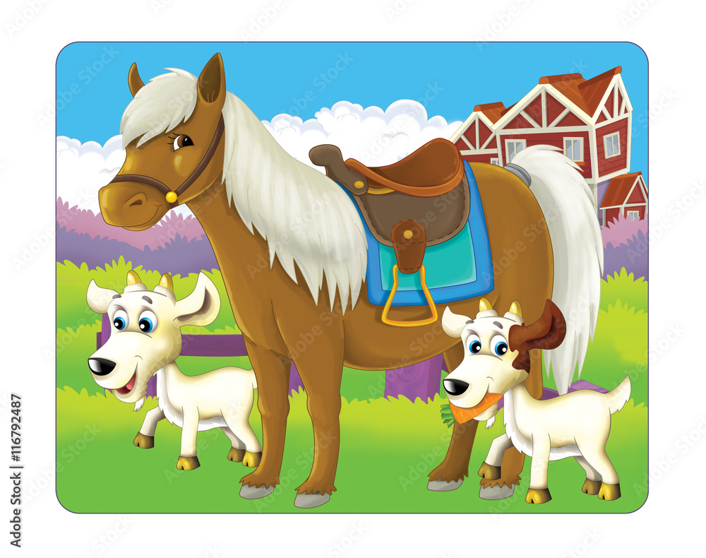 Cartoon illustration with horse and two goats - isolated - illustration ...