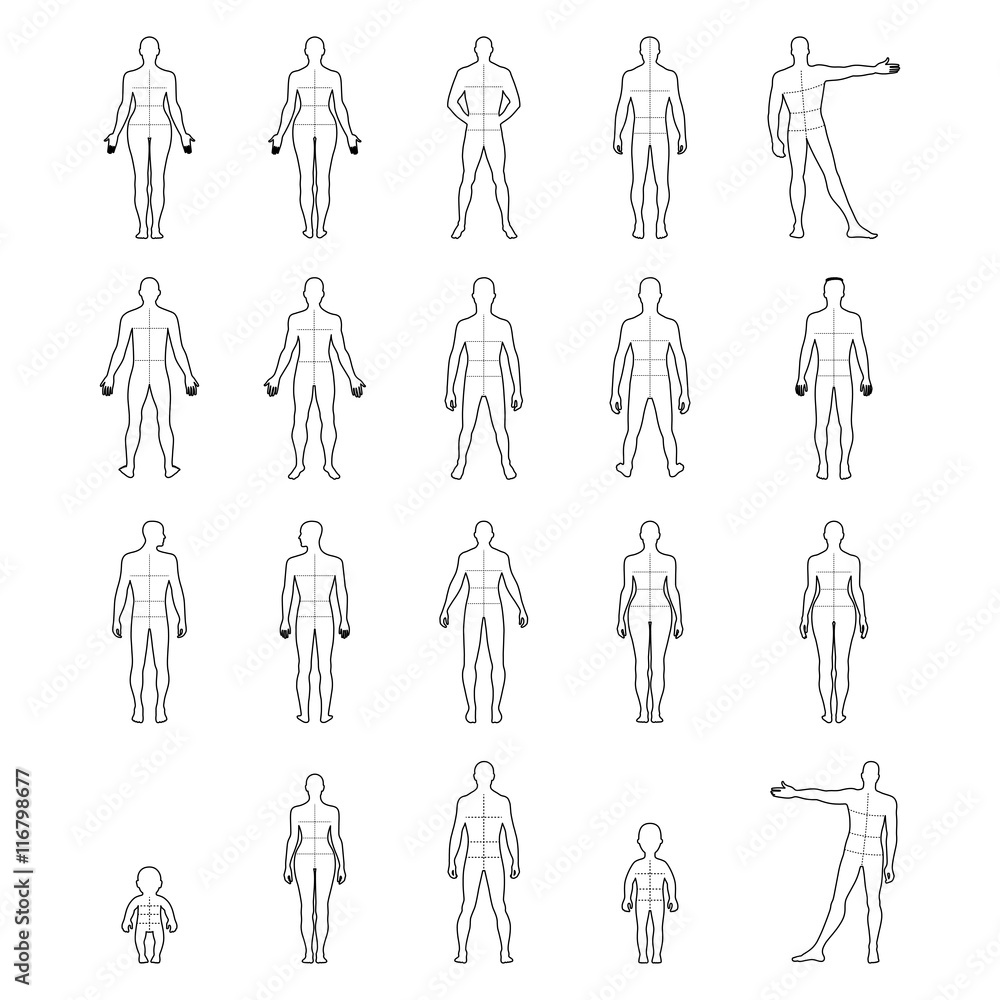 Full length front, back human outlined silhouette set with marke Stock ...