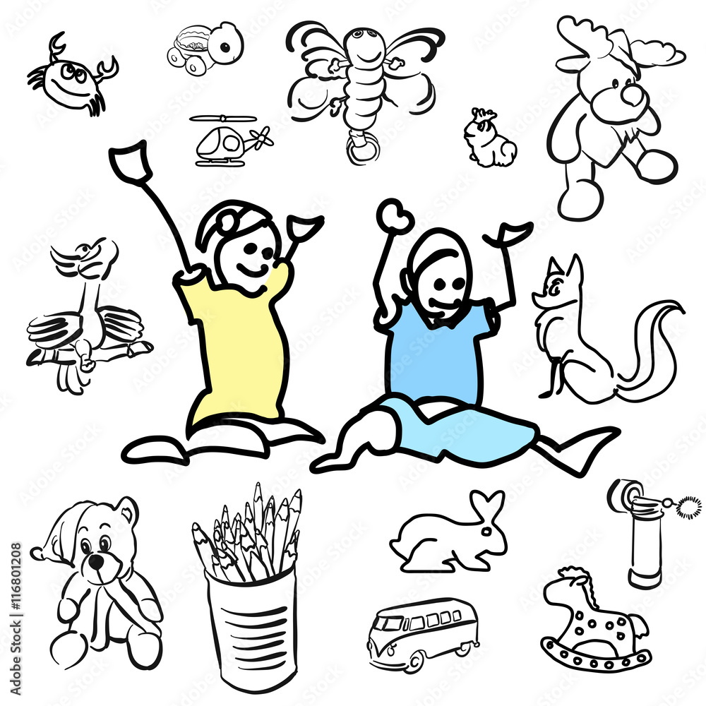Laughing doodle Kids with sketched Toys Stock Vector | Adobe Stock