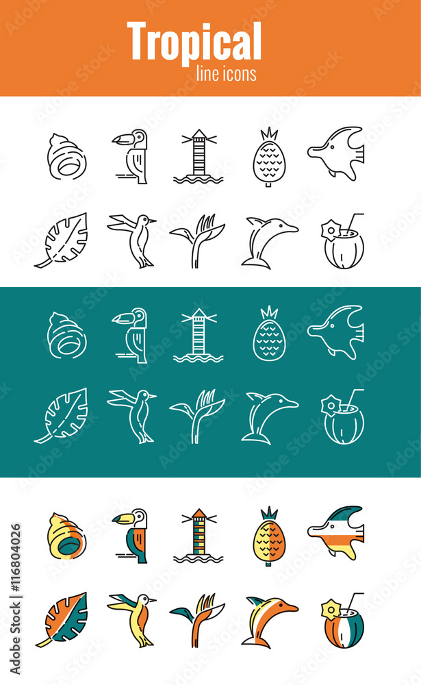 tropical icons, mono and line flat vector symbols Stock Vector | Adobe ...