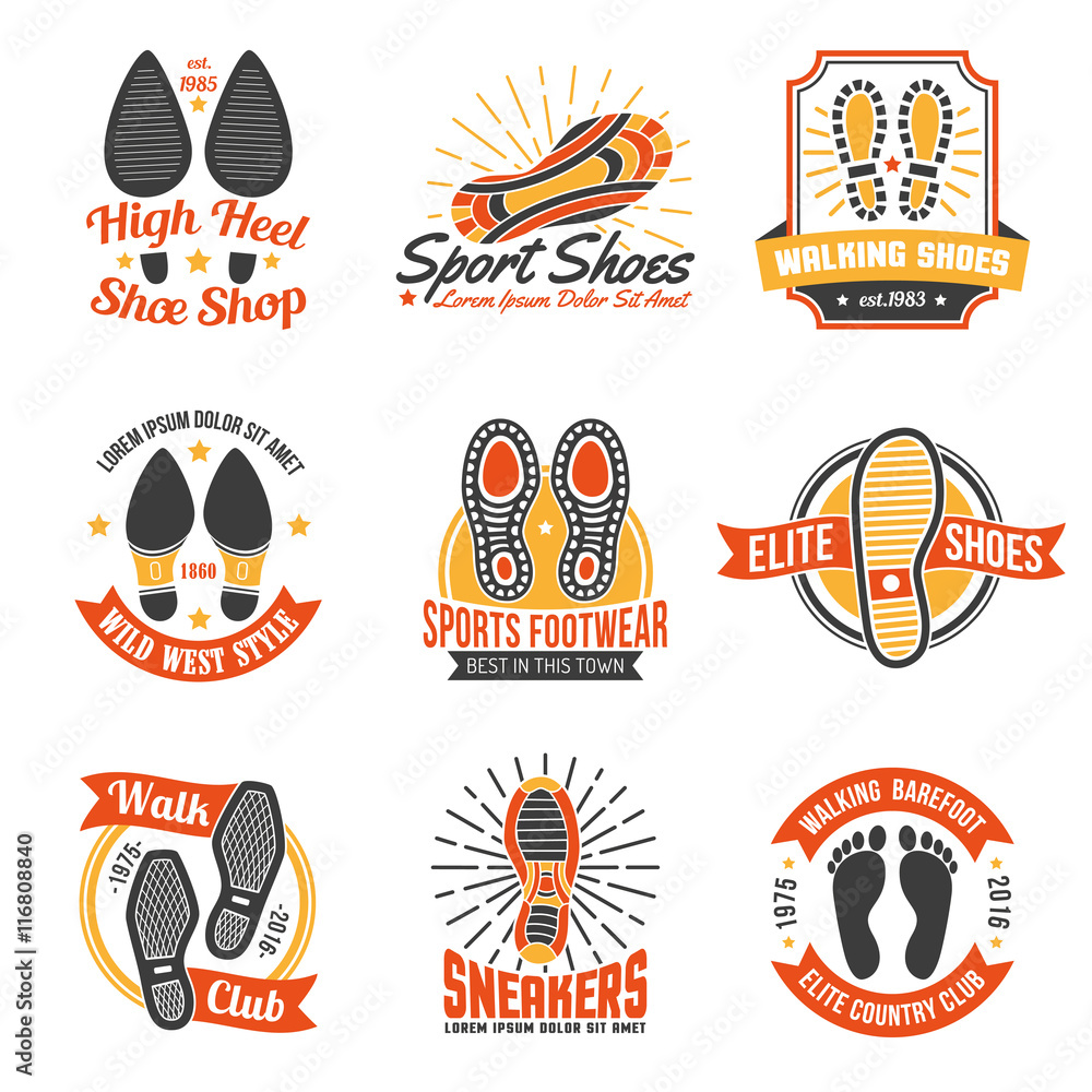 Footwear Labels With Footprints Icons Set Stock Vector | Adobe Stock
