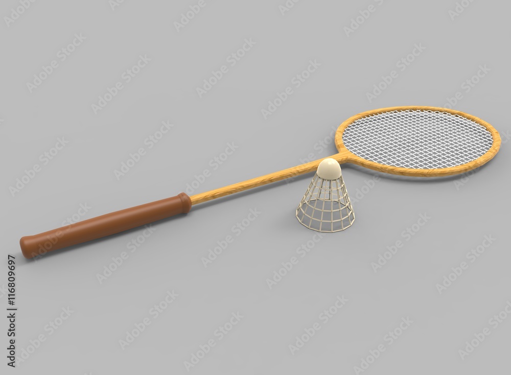 3d illustration of badminton racket and shuttlecock. grey background ...