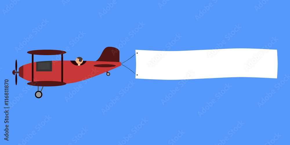 Red biplane with poster. The airplane with poster is flying isolated on ...
