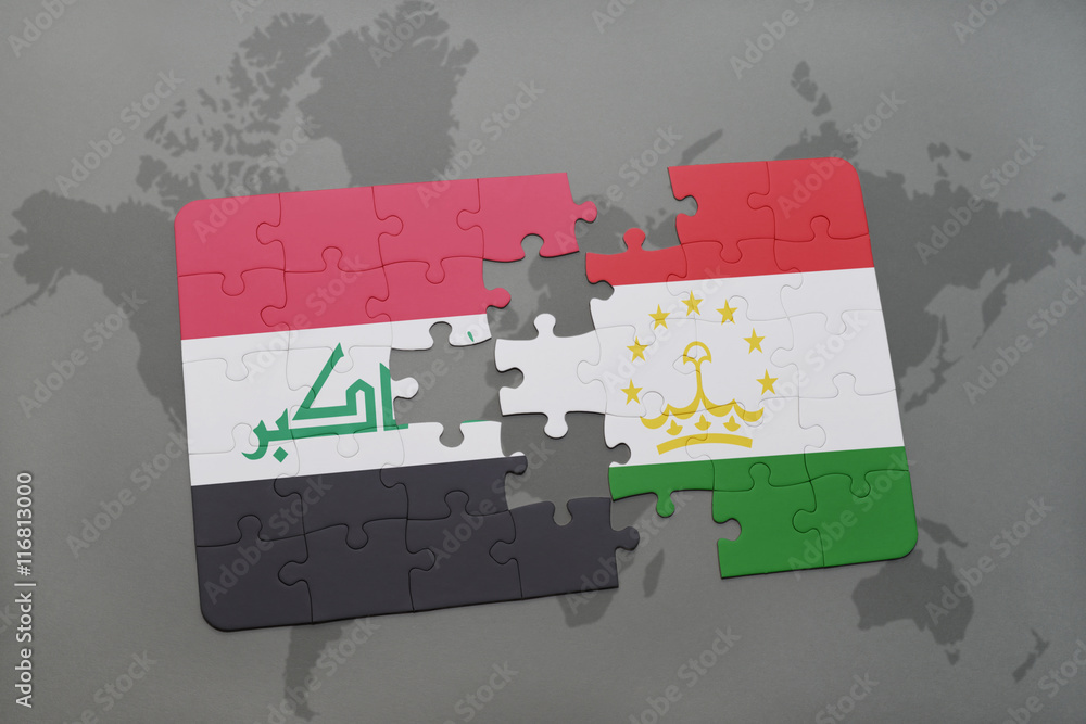 puzzle with the national flag of iraq and tajikistan on a world map ...