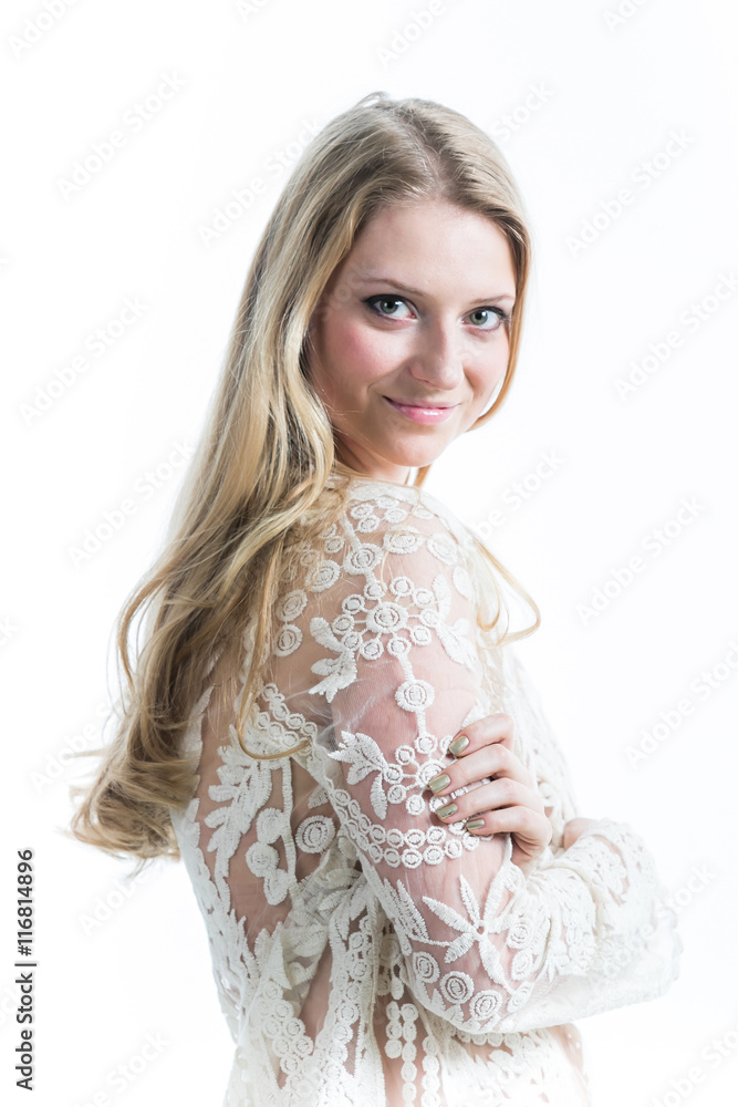 Beautiful Russian blonde girl on a white background in a white ...