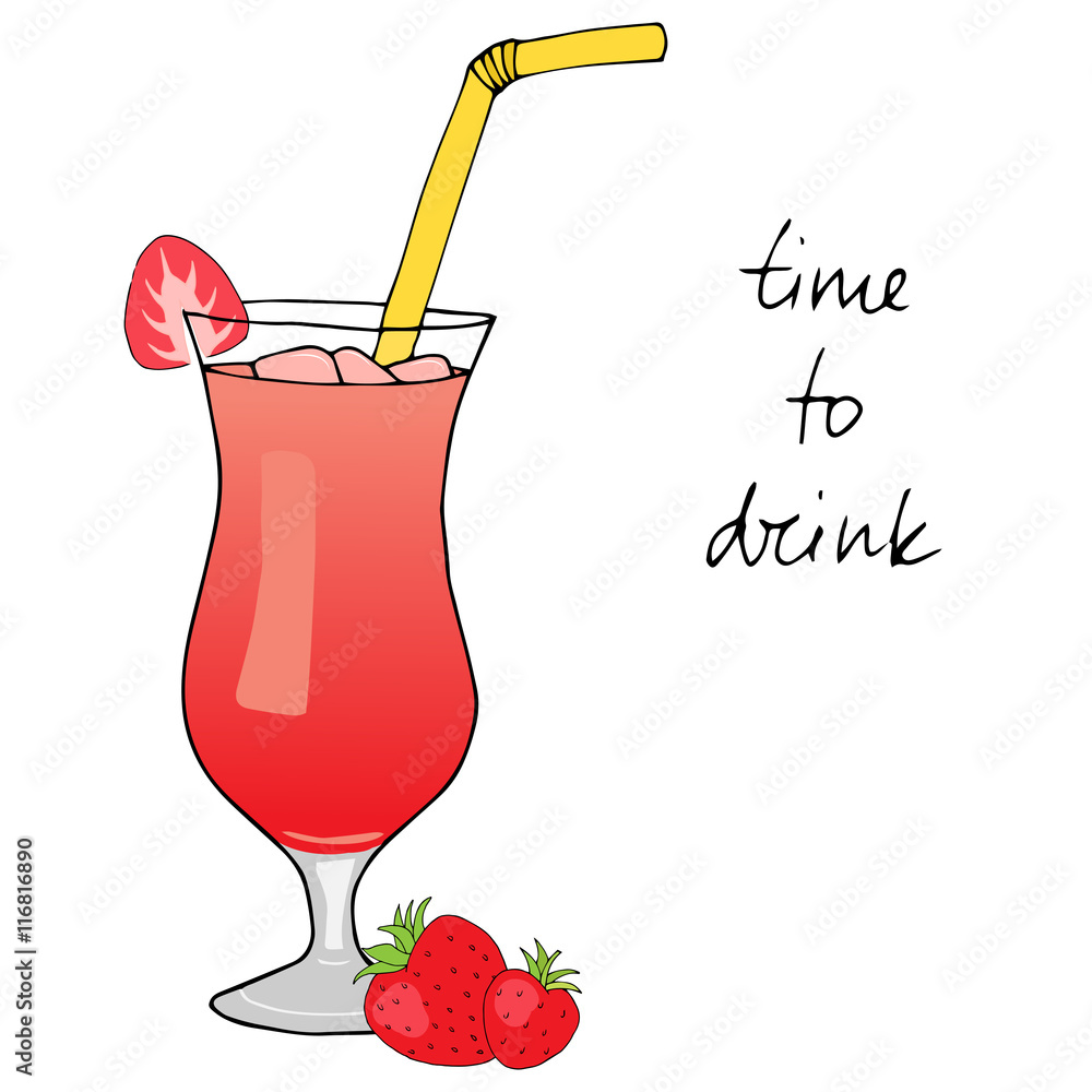 Hand drawn strawberry cocktail with ice, straw and strawberries. Stock ...