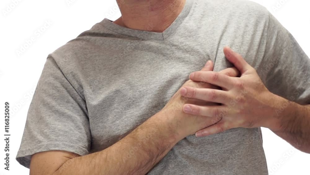 Male figure isolated on a white background holding his chest in pain as ...